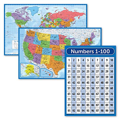 3 Pack - World and USA Map Poster Set -Blue Ocean- plus Numbers 1-100 ...