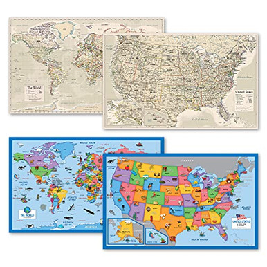 4 Pack - World and USA Maps -Long Tan- plus Illustrated World and USA ...