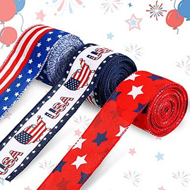 3 Rolls Patriotic Independence Day Ribbons Stripe Star Wired Ribbon ...