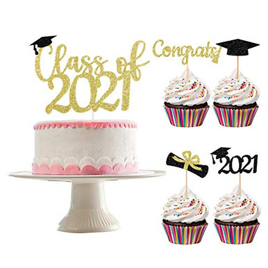 Graduation Decorations 2021- Class of 2021 Cake Topper Gold Glitter and ...