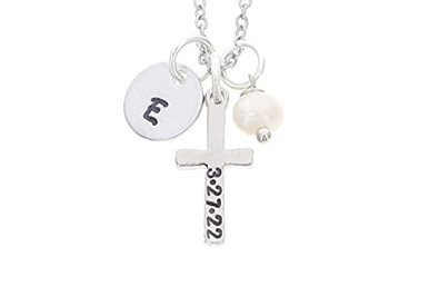 Cross Baptism Date Initial Necklace - DII QQQ - Baptized Gift ...