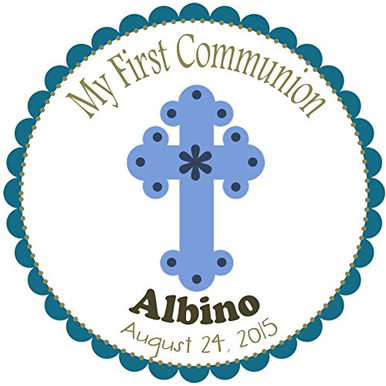 40 Round Labels 2" My First Communion Blue Holy Cross Personalized ...