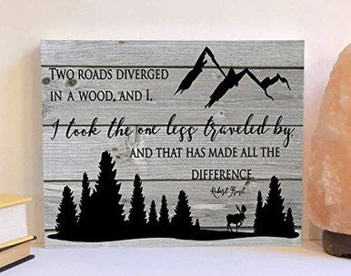 Two roads diverged wood sign road less traveled sign Robert Frost ...