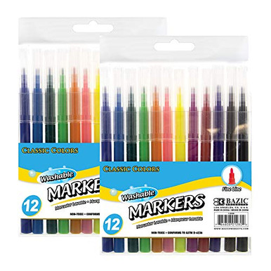 BAZIC Washable Markers Fine Line 12 Color Thin Tip Coloring Marker Non ...