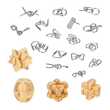 WIOR Mini Brain Teasers Set of 20 Metal Puzzle and Wooden Puzzle Set IQ ...