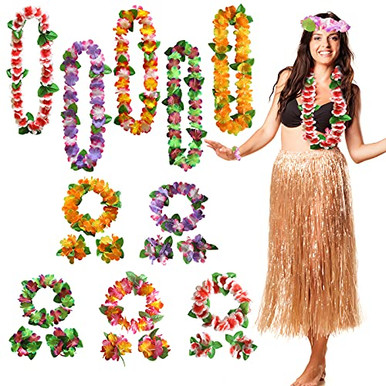 OXISI Hawaiian Leis Set Luau Party Supplies Silk Flower Necklace ...