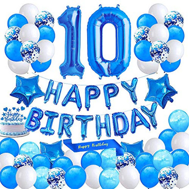 Blue 10th Birthday Decoration Happy Birthday Banner Number 10 Balloons ...
