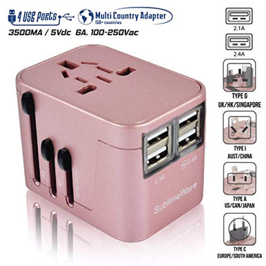 Power Plug Adapter - International Travel (Rose Gold)- w/4 USB Ports ...