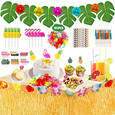 185PCS Hawaiian Tropical Party Decorations with Hawaiian Luau Grass ...