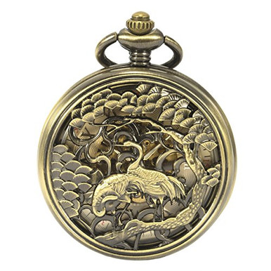 ManChDa Mens Skeleton Pocket Watch Bronze Automatic Mechanical Cranes ...