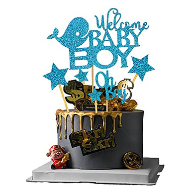 32Pcs Oh Boy Cake Toppers Glitter Blue Baby Shower 1st Birthday Cupcake ...