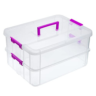 JuxYes 2-Tiers Stack Carry Storage Box With Handle, Transparent ...