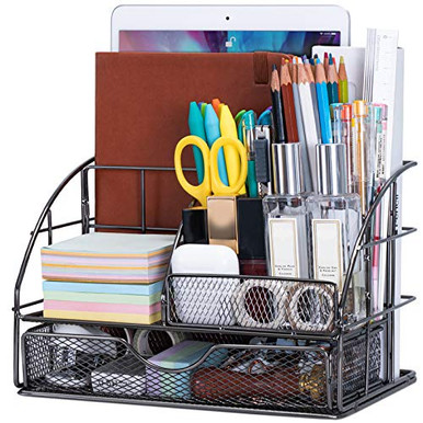 ARCOBIS Black Desk Organizer with Drawer, Office Desktop Pen Holder ...
