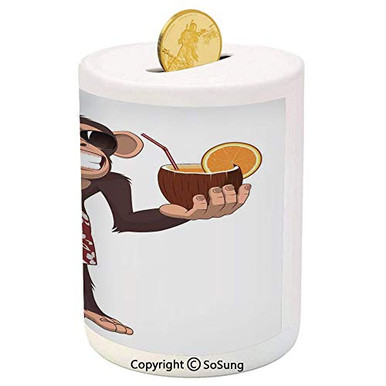 Cartoon Ceramic Piggy Bank,Happy Chimpanzee Holding a Cocktail and ...