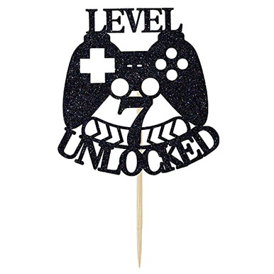 Black Glitter Level 7 Unlocked Video Game Cake Toppers - Happy 7th ...