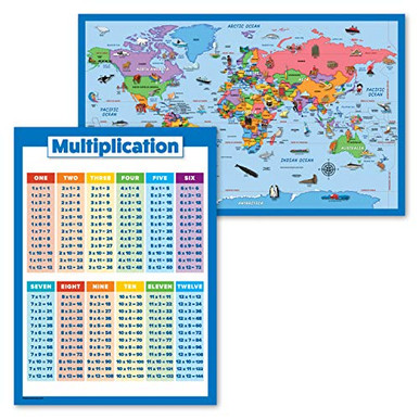 2 Pack - World Map Poster for Kids [Illustrated- plus Multiplication ...