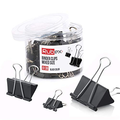 120 RUBEX Binder Clips, Black Color and Mixed Size: Small Medium Large ...