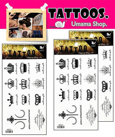 Umama Tattoos 3 Sheets Black Crown Temporary Tattoo Realistic Transfer ...