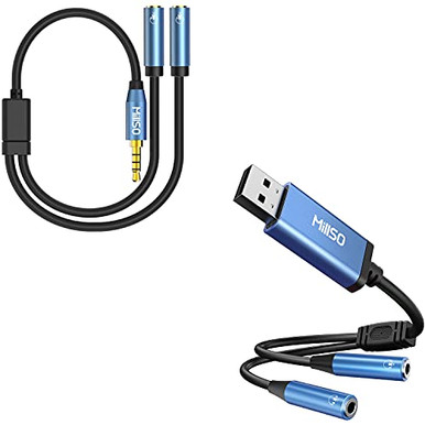 MillSO 3.5mm Headset Splitter for 2 TRRS Headphones or Mics plus MillSO USB to Dual 3.5mm Audio ...