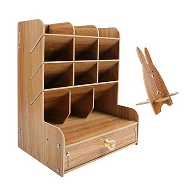 F Fityle Wooden Desk Organizer, Multifunctional DIY Pen Holder Box ...