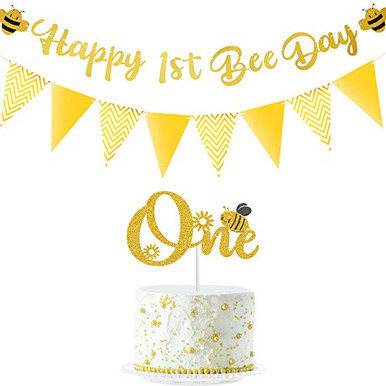 Happy 1st Bee Day Gold Glitter Banner One Cake Topper Golden Triangle ...