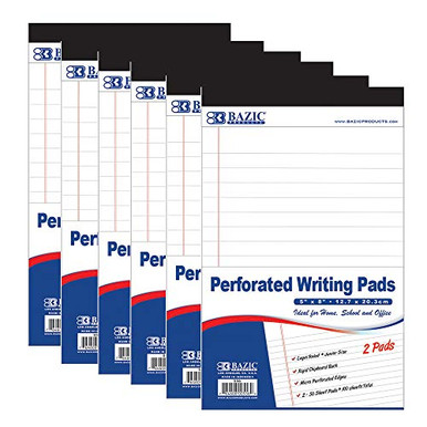 BAZIC Perforated Writing Pad, 50 Sheets 5x8 Inch, White Jr. Lined Ruled ...