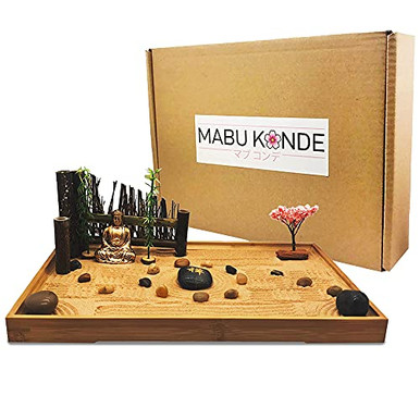 MABU KONDE Japanese Zen Sand Garden for Desktop - Bamboo Tray with ...