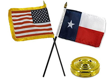 Texas State w/USA American Gold Fringe Flag 4"x6" Desk Set Table Gold ...
