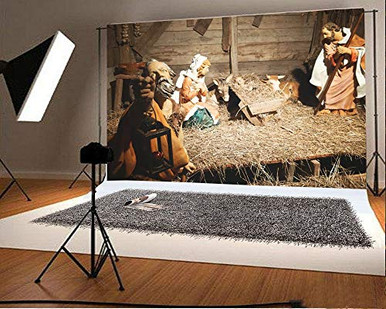 7x5FT Vinyl Photography Backdrop Birth of Jesus Barn Straw Hay Bale Cow ...
