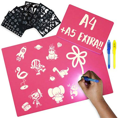 Magic Drawing Board Pink for Kids A4 and A5- 6 Stencils and 2 Spy Pen ...