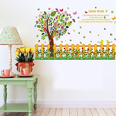 Wallpark Colorful Big Tree Flower Fence Skirting Board Removable Wall ...