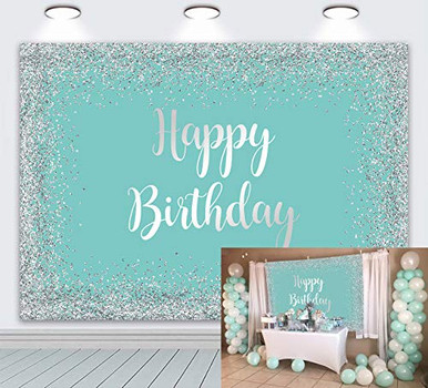 Mint Blue and Silver Happy Birthday Backdrop Girls Women Glitter Baby ...