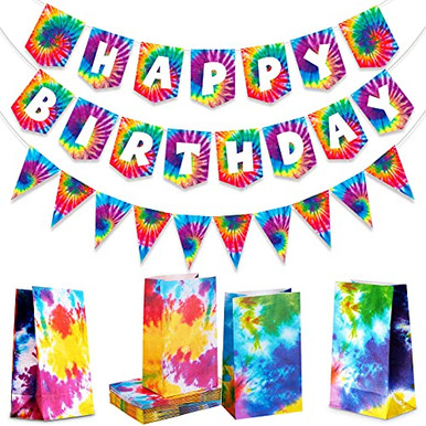 15 Pieces Tie Dye Paper Bags Treat Bags Happy Birthday Banner Garland ...