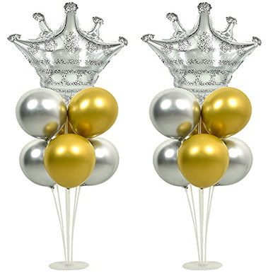 Gold Silver Crown Balloon Stand Kit For Table 2 Set with 2 Silver Crown ...