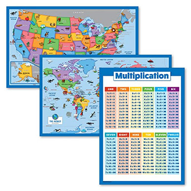 3 Pack - Illustrated World Map and USA Map for Kids Plus Multiplication ...