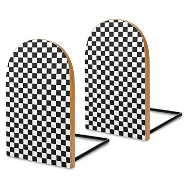 Black and White Racing Check Wood Bookends for Shelves Office Book ...