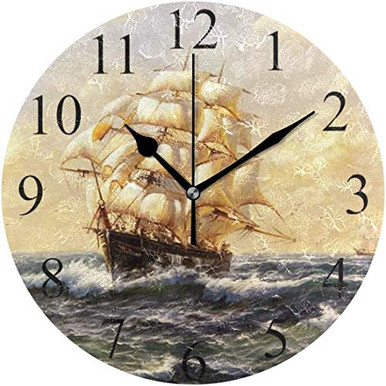 Round Wall Clock Vintage Pirate Ship Sailing Sea Ocean Clocks Silent ...