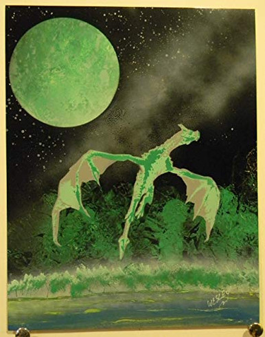 Green Space Dragon in Flight Original Spray Paint Art - Warehousesoverstock