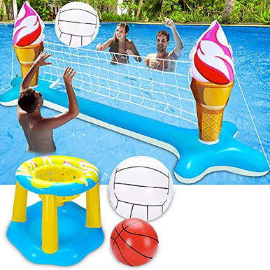Inflatable Pool Volleyball Net Set Basketball Hoop with 2 Balls Large ...