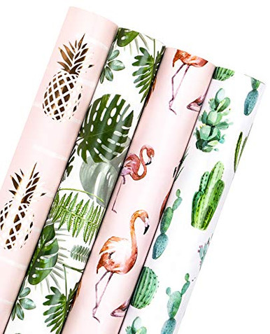 WRAPAHOLIC Wrapping Paper Roll - Flamingo/Cactus/Pineapple/Banana Leaf ...