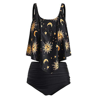 JMSUN Women's Two Piece Tankini Moon Print Ruffle High Waisted Tankini ...