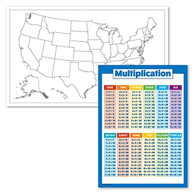 2 Pack - Blank USA Map Outline Poster plus Multiplication Table Chart ...