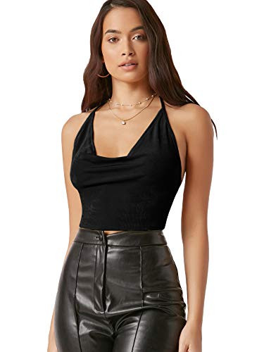 SOLY HUX Women's Cowl Neck Halter Backless Tie Back Cami Crop Top ...