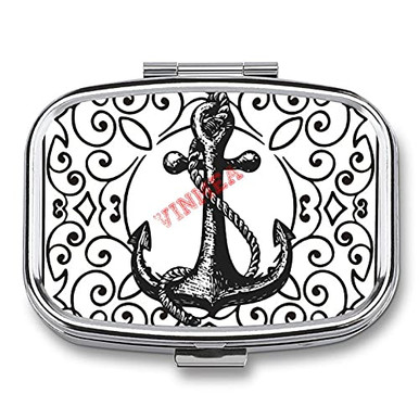 Portable Square Metal Pill Box Case Vintage Anchor On Black Checkered ...