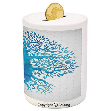Tree Ceramic Piggy Bank,Unique Ethnic Watercolors Tree of Life on Polka ...
