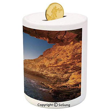 Seaside Decor Ceramic Piggy Bank,Sunset in Pacific Paradise Ocean Cave ...