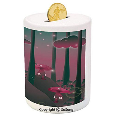 SoSung Mushroom Ceramic Piggy Bank,Mystical Magic Landscape Hills Trees ...