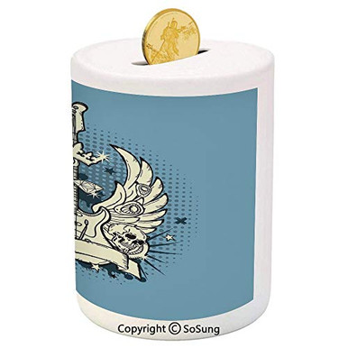 Guitar Ceramic Piggy Bank,Rock n Roll Composition Crown Wings Skulls ...