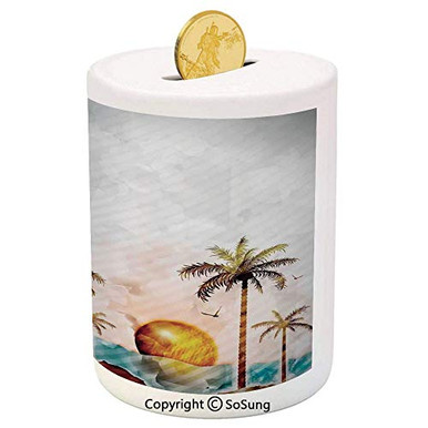 Hawaiian Ceramic Piggy Bank,Watercolor Style Tropical Island with ...