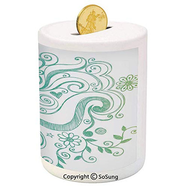 Flowers Ceramic Piggy Bank,Rainbow Colored Ombre Sketch Design with ...